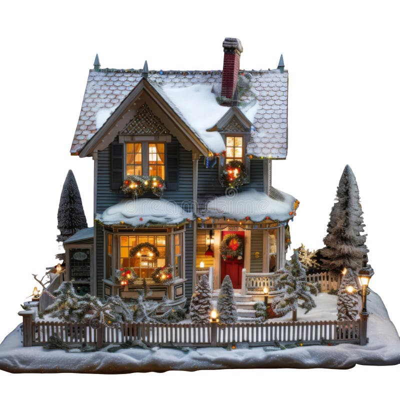 A Miniature Snow-covered House with Christmas Decorations and Lights ...