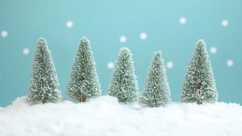 Miniature Snow-covered Trees Set Against a Pale Blue Background Stock ...