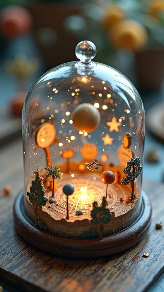 Miniature Solar System Diorama with Celestial Lights Under Glass Dome ...