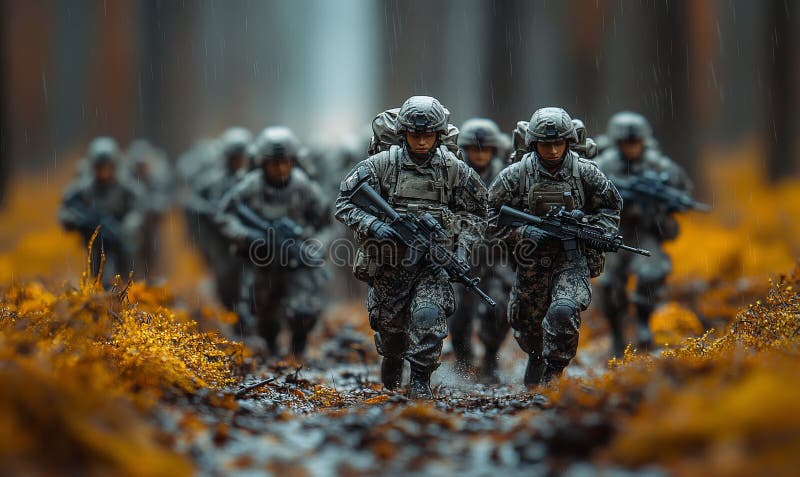 Miniature Soldiers Advancing through a Forest during Rain Stock Image ...