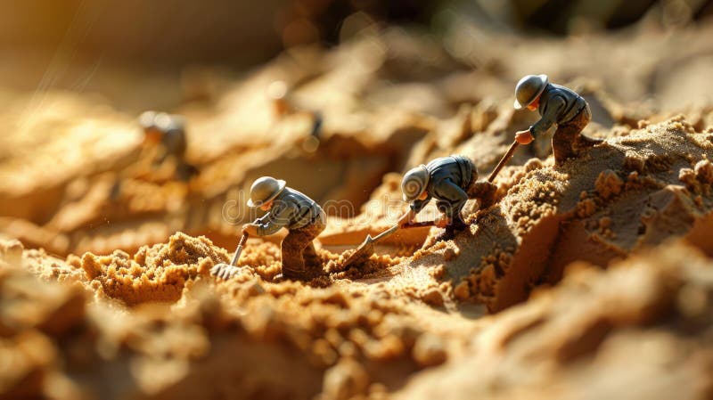 Miniature Soldiers Digging in Sand, Teamwork and Hard Work Concept ...