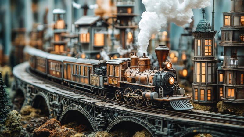 Miniature Steam Train on Bridge through Illuminated Cityscape Stock ...