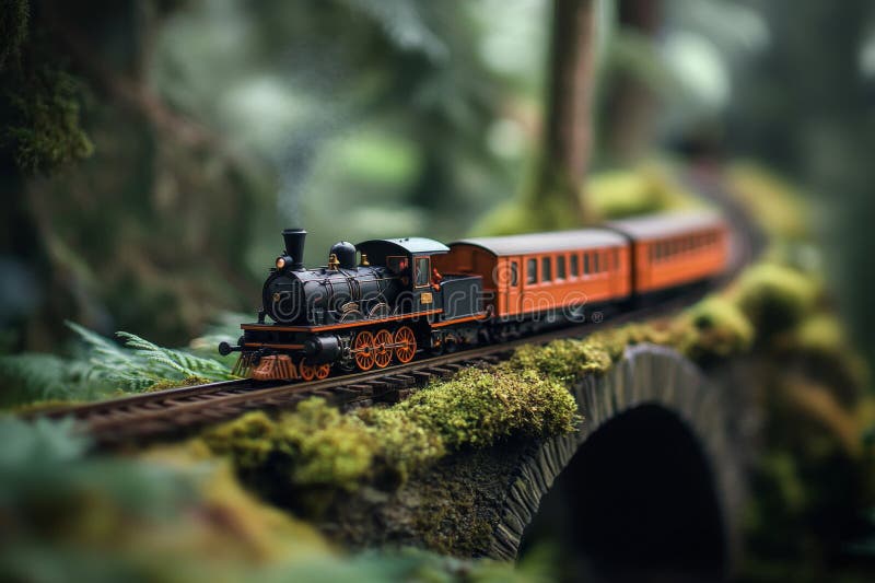 Miniature Steam Train with Orange Carriages Crossing a Mossy Bridge in ...