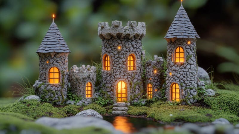 Miniature Stone Castle Glowing at Night Stock Illustration ...
