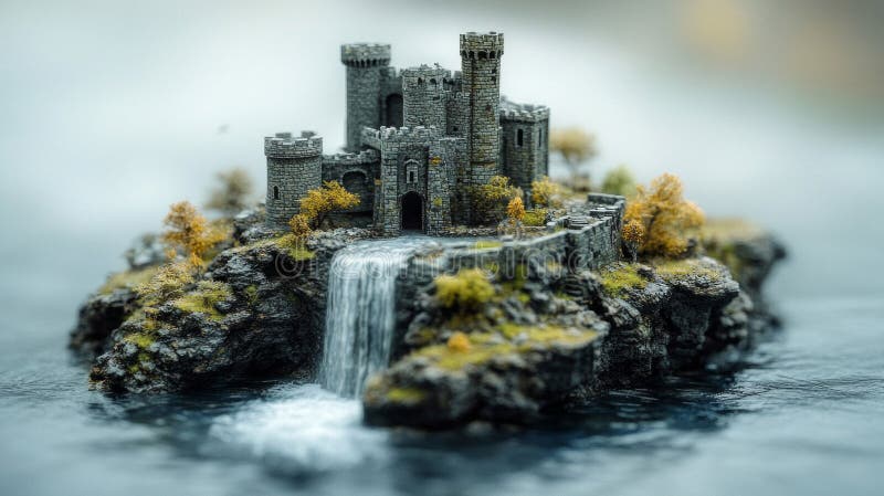 Miniature Stone Castle on Island Waterfall Stock Illustration ...