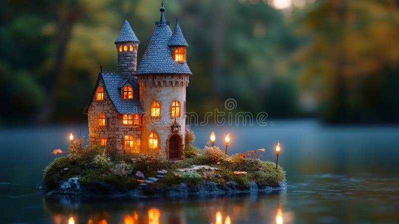 Miniature Stone Castle on a Lake at Night Stock Illustration ...