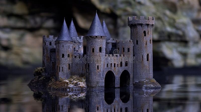 Miniature Stone Castle Model in Dark Water Stock Illustration ...