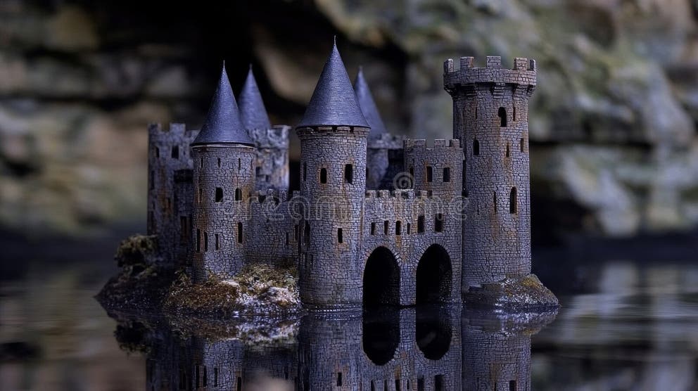 Miniature Stone Castle Model in Dark Water Stock Illustration ...