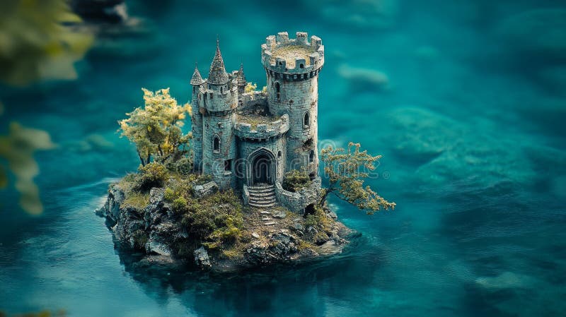 Miniature Stone Castle on a Teal Island Stock Illustration ...