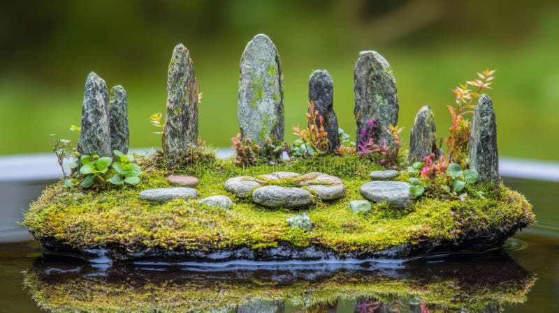 Miniature Stone Circle Garden with Moss and Plants Stock Illustration ...