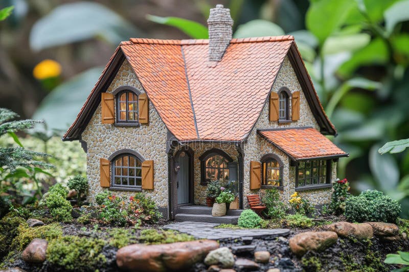 Miniature Stone Cottage with Illuminated Windows Nestled in a Lush ...