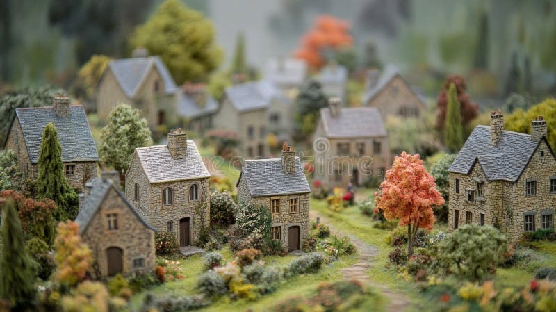 Miniature Stone Village Model with Autumn Trees Stock Illustration ...