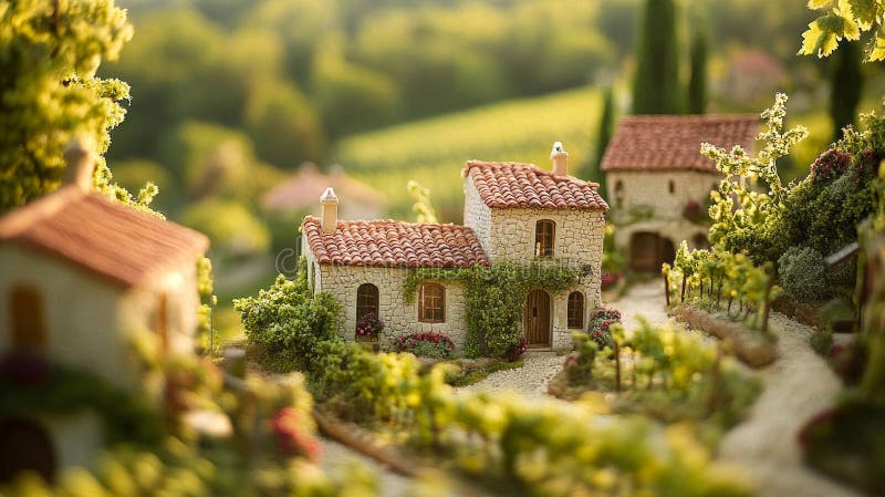 Miniature Stone Village Model with Lush Greenery and Rolling Hills ...