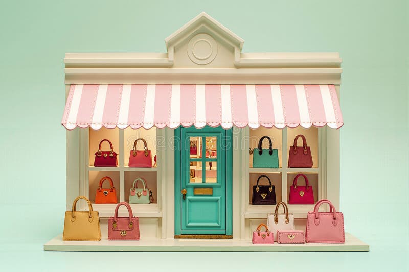 Miniature Storefront Showcasing Colorful Handbags on Display Stock ...