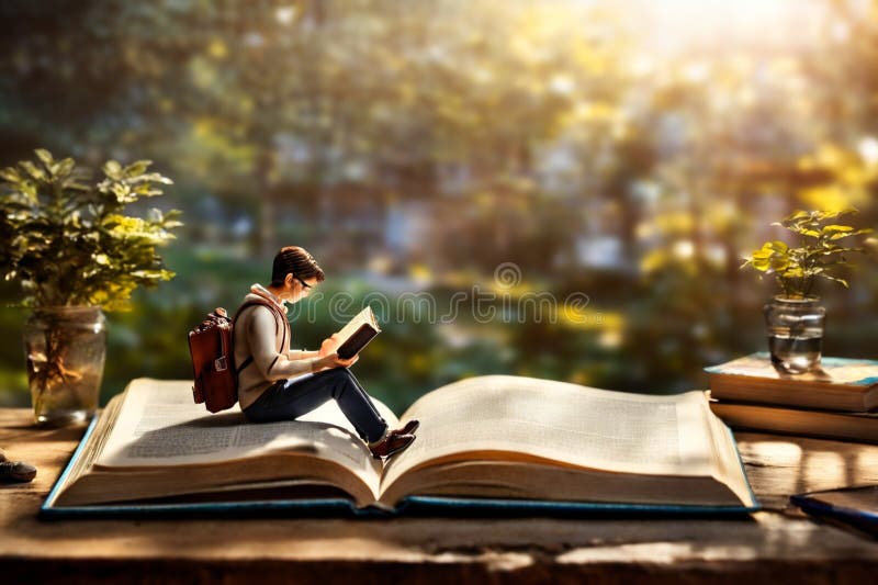 Miniature Student Reading in a Serene Garden Stock Illustration ...
