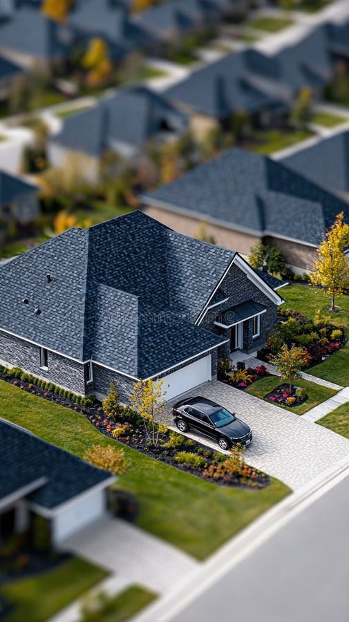 Aerial View of Suburban House with Black Car Stock Illustration ...