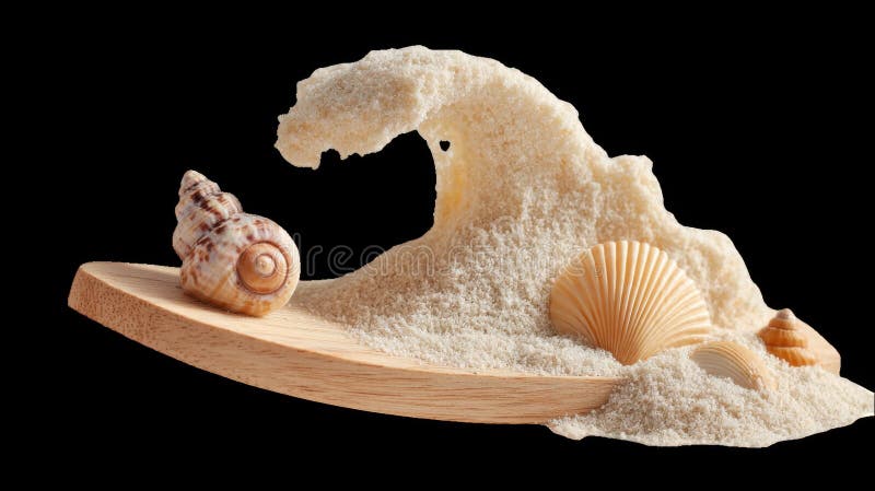 Miniature Surfboard, Seashells, and Sand Wave Crest on Transparent ...