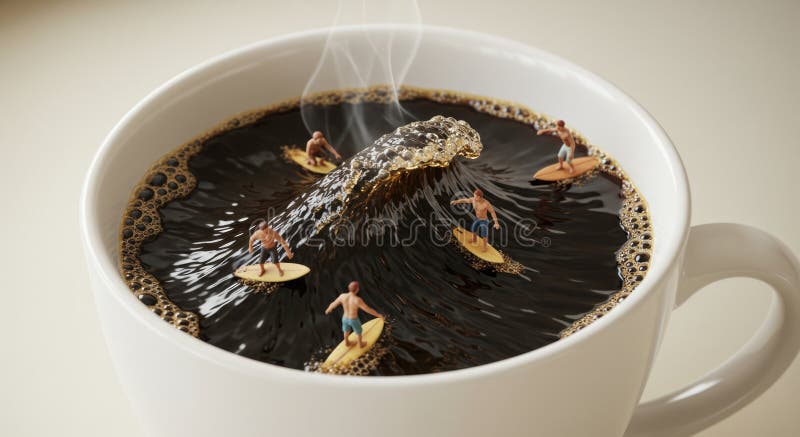 Miniature Surfers Ride Waves Inside a Coffee Cup in Surreal Scene Stock ...