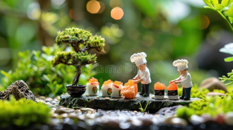 Miniature Chefs Preparing Delicious Sushi in a Zen Garden Stock ...