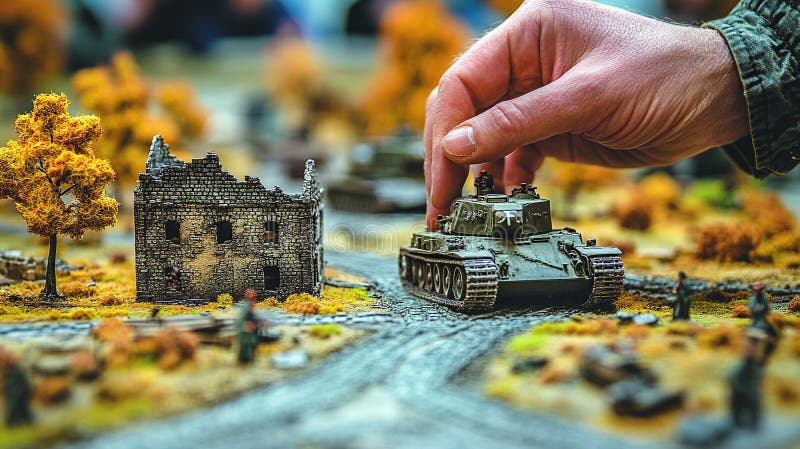 Miniature Tank Model Being Manipulated on a War Game Diorama Stock ...