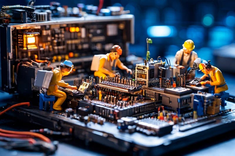 Miniature Technicians Team of Engineers Repairing Computer Stock Photo ...