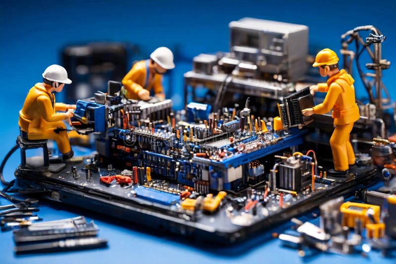 Miniature Technicians Team of Engineers Repairing Computer Stock Photo ...