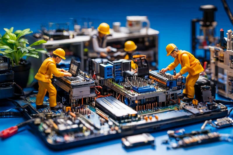 Miniature Technicians Tiny Toys Team of Engineers Repairing Keyboard ...