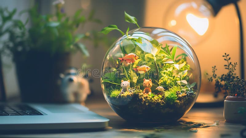 Miniature Terrarium with Fish and Plants on Desk Stock Image - Image of ...