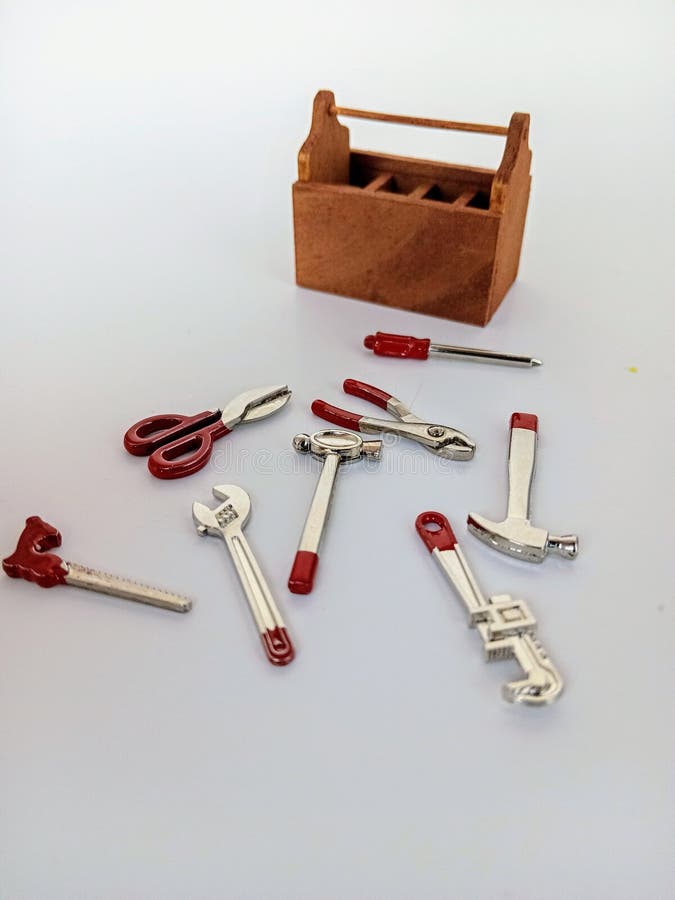 Miniature Tools and Tool Box on a White Background Stock Photo - Image ...