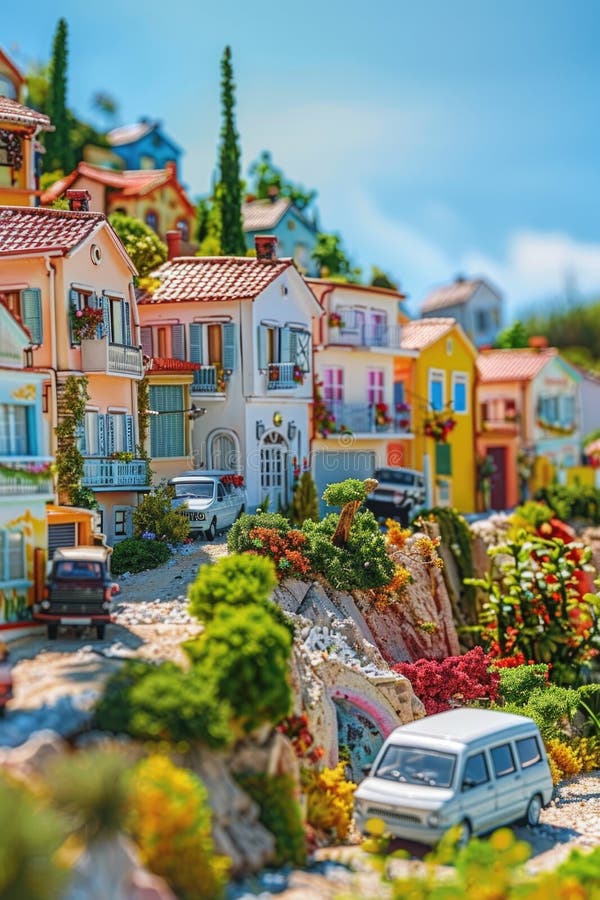 Miniature Town Model with a Parked Car, Suitable for Architectural and ...