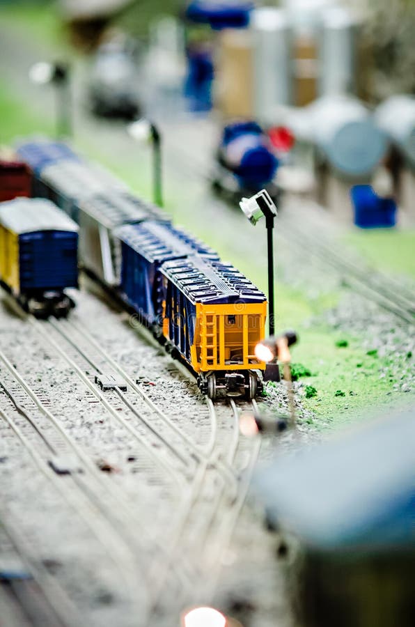 Miniature Toy Model Train Locomotives on Display Stock Photo - Image of ...