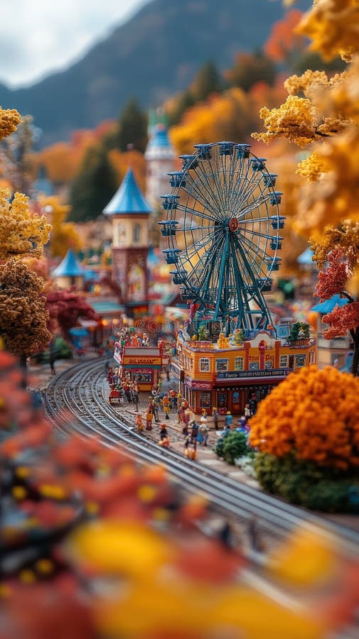 Miniature Toy Town with Ferris Wheel, Train Tracks, and Fall Foliage ...