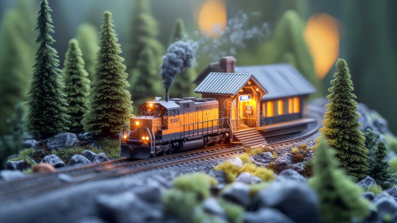 Miniature Train Arriving at Night Station in Forest Stock Illustration ...