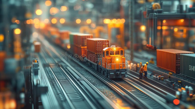 Miniature Train Set in a Bustling Cityscape with Glowing Lights and ...