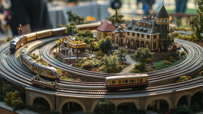 A Miniature Train Set with a Circular Track and Buildings Stock ...