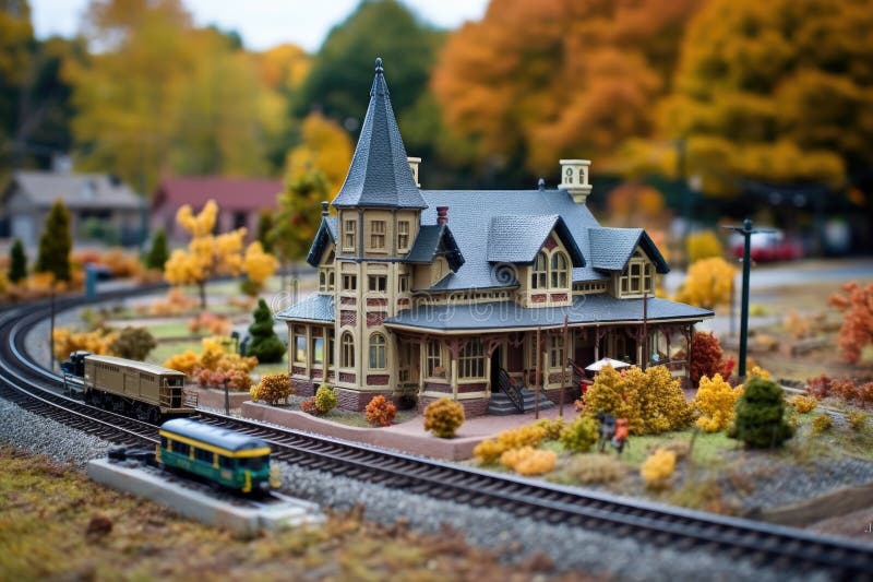 Miniature Train Station with Tracks and Tiny Trains Stock Illustration ...