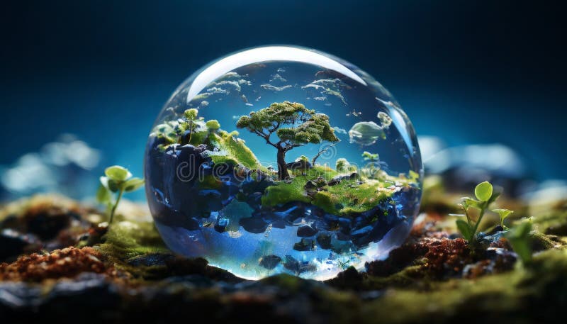 Miniature Tree Encased in Glass Sphere Surrounded by Lush Greenery ...