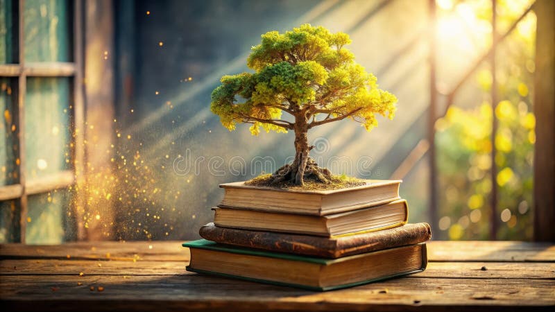 Miniature Tree Flourishing Atop a Stack of Antique Books Bathed in ...