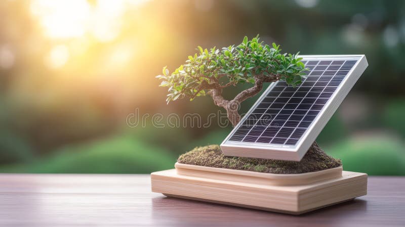 A Miniature Tree Growing Alongside a Solar Panel Symbolizes Renewable ...