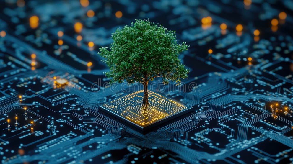 A Miniature Tree Growing on Computer Circuit Board. Digital Convergence ...