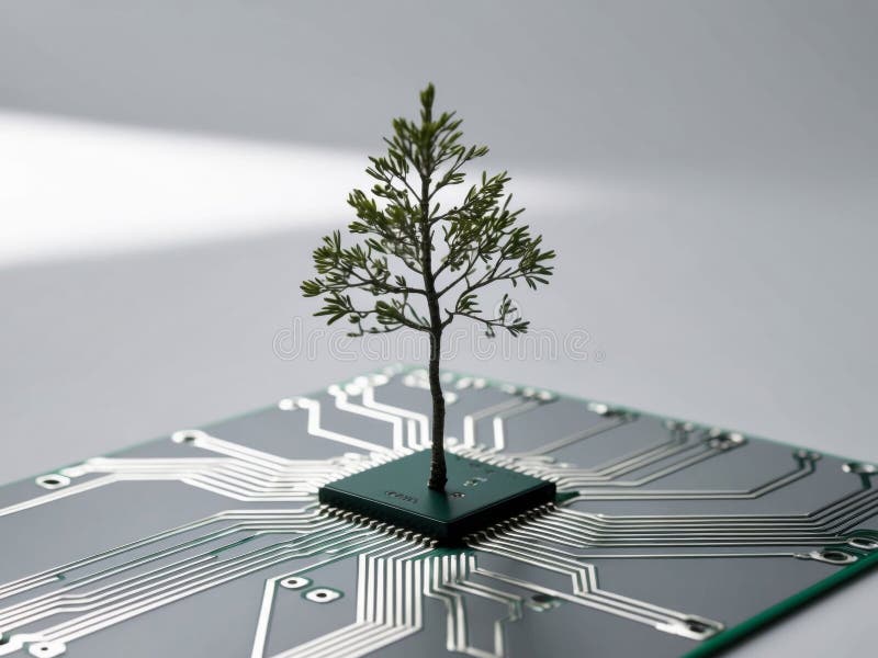 Miniature Tree Growing on a Digital Circuit Board. Stock Image - Image ...