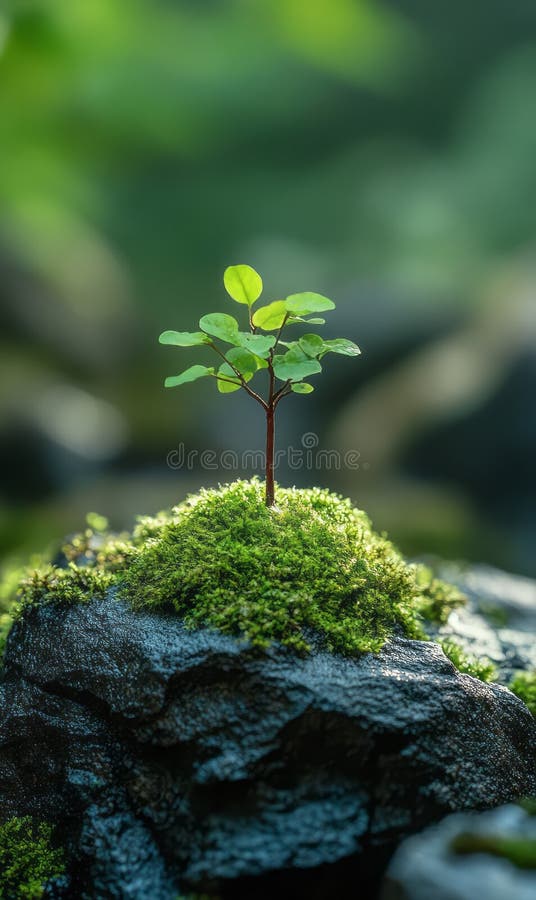 Miniature Tree Growing on Mossy Rock in Serene Natural Setting Stock ...