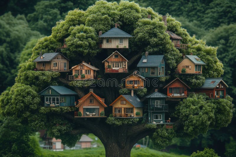 Miniature Tree Houses Growing on a Large Tree in a Lush Green Forest ...