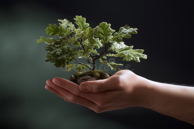 A Miniature Tree in Human Palms Against the Dark Green Background ...