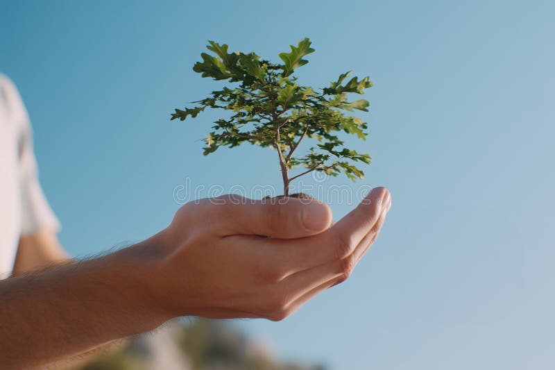 A Miniature Tree in Human Palms Against the Backdrop of Nature. Stock ...