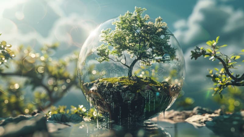 Miniature Tree Inside a Transparent Bubble on Earth with Green Leaves ...