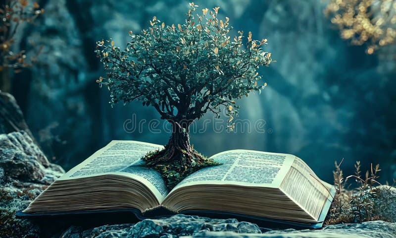 Ancient Tree of Knowledge Sprouting from Open Book in Mystical Forest ...
