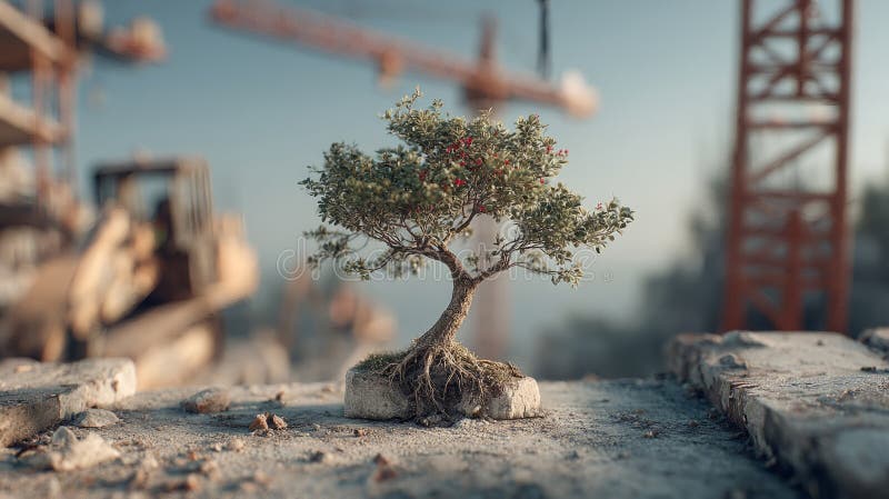 Miniature Tree Vs a Skyscraper or Construction Crane Stock Image ...