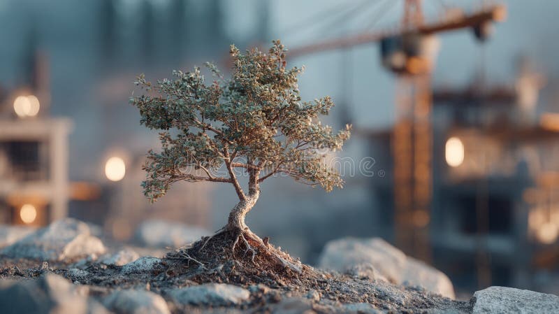 Miniature Tree Vs a Skyscraper or Construction Crane Stock Photo ...
