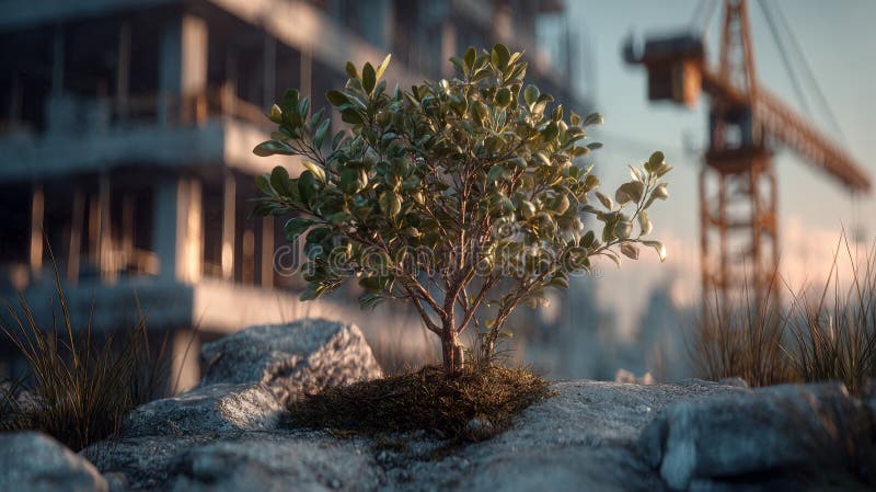 Miniature Tree Vs a Skyscraper or Construction Crane Stock Image ...